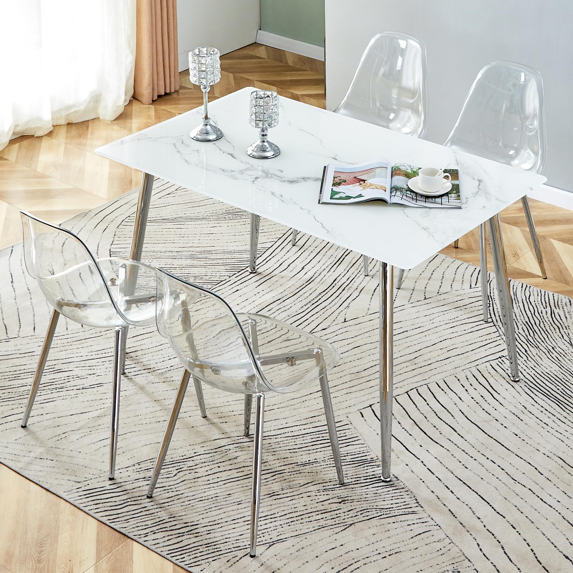 KEVINSPACE Dining Table, 51 Inch Modern Kitchen Table with White Imitation Marble Craft Glass Table Top and Silver Metal Legs, Modern Dining Table for Living Room, Dining Room, Home and Office, White