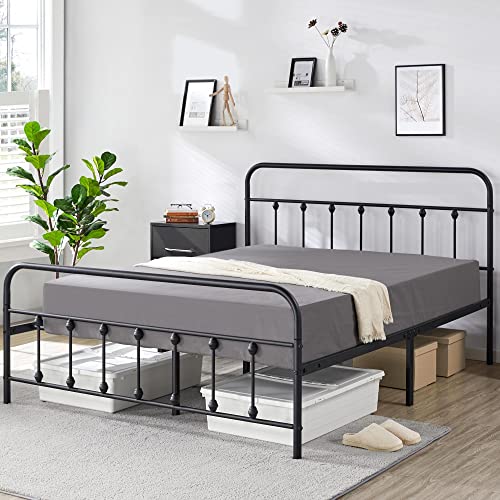 Topeakmart Queen Size Victorian Style Metal Bed Frame with Headboard/Mattress Foundation/No Box Spring Needed/Under Bed Storage/Strong Slat Support Black