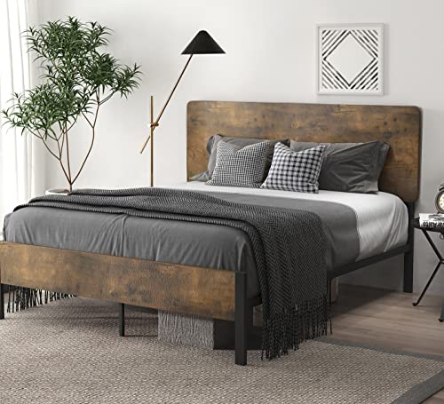 SHA CERLIN Queen Size Metal Platform Bed Frame with Wooden Headboard and Footboard/Mattress Foundation/No Box Spring Needed/Non-Slip Without Noise/Black&Brown