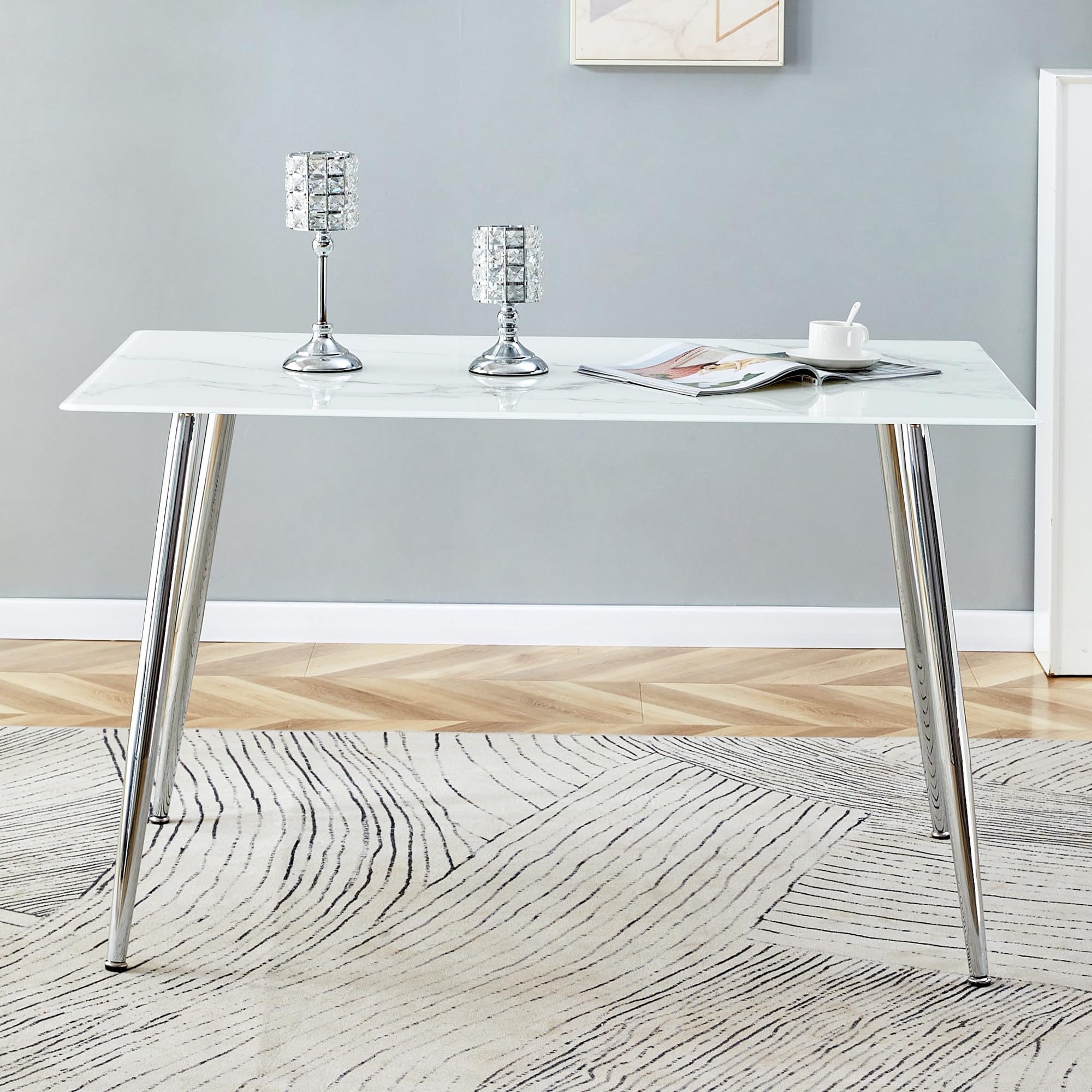 JBFF Modern Minimalist Glass, 0.3" Thick Imitation Marble Coffee Sliver Metal Legs, Rectangle Table for Kitchen Dining Living Room Restaurant, 51" x 31.4" x 30", White