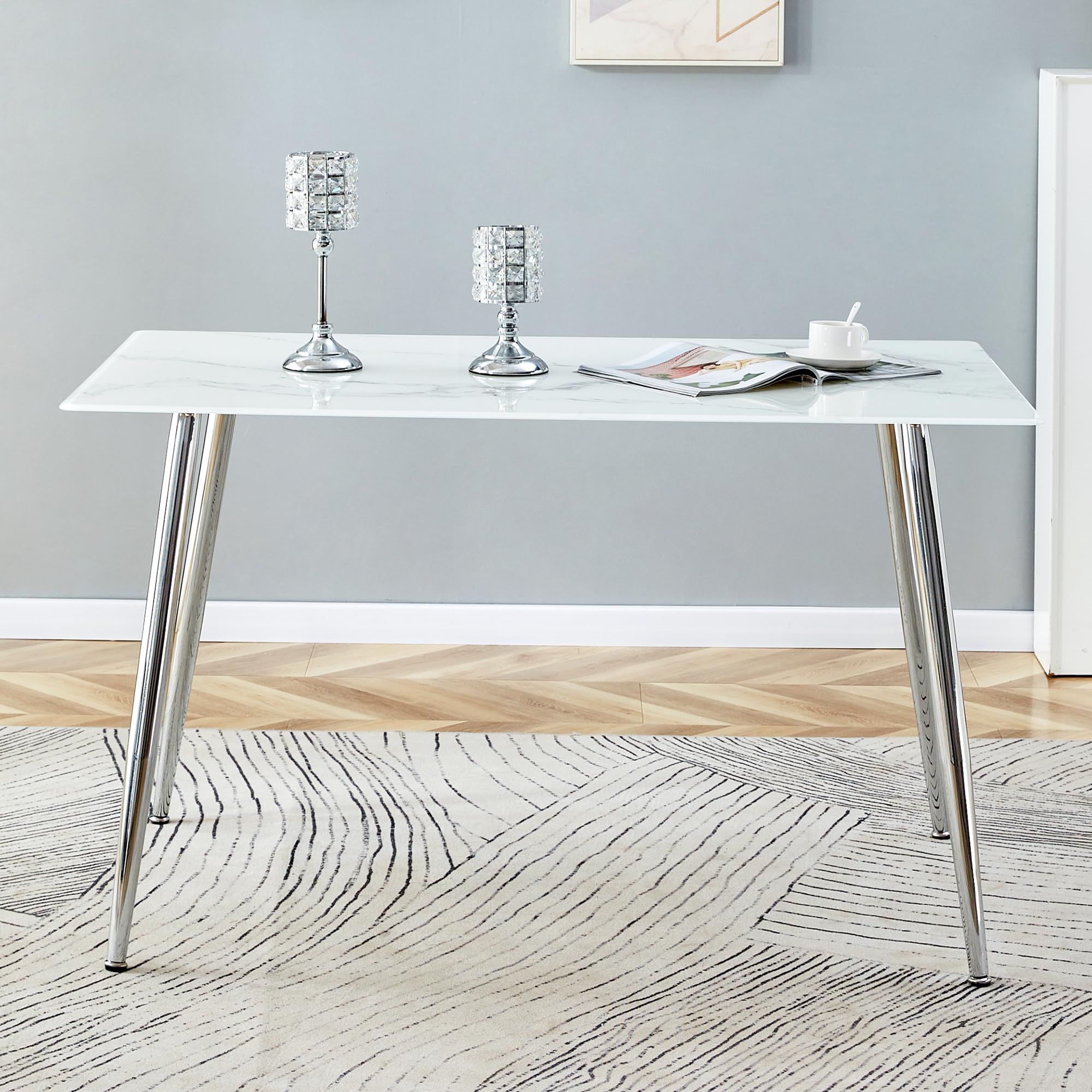 KEVINSPACE Dining Table, 51 Inch Modern Kitchen Table with White Imitation Marble Craft Glass Table Top and Silver Metal Legs, Modern Dining Table for Living Room, Dining Room, Home and Office, White