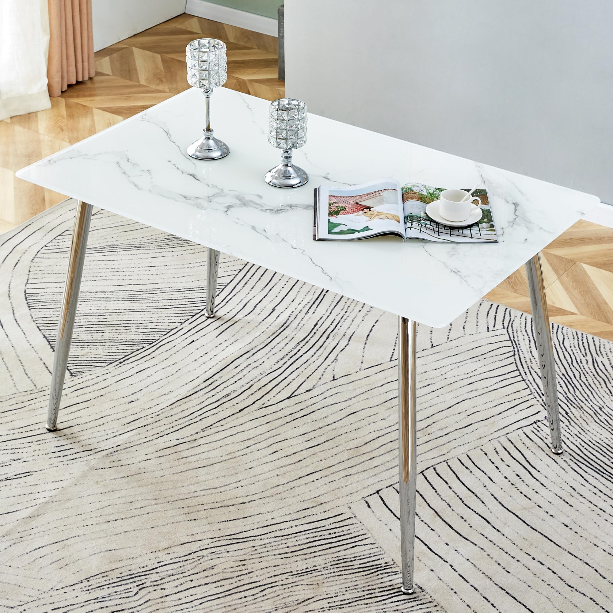 JBFF Modern Minimalist Glass, 0.3" Thick Imitation Marble Coffee Sliver Metal Legs, Rectangle Table for Kitchen Dining Living Room Restaurant, 51" x 31.4" x 30", White
