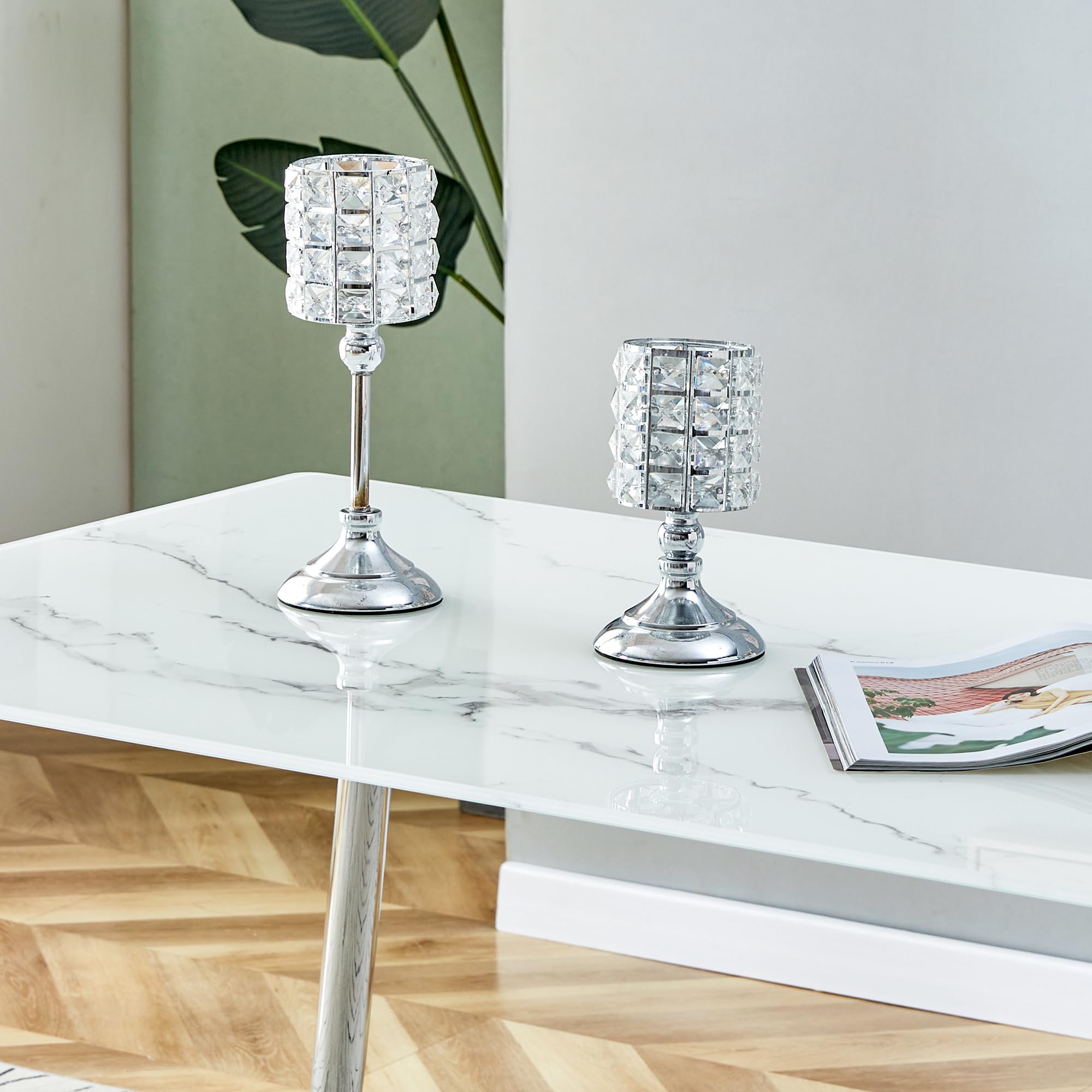 KEVINSPACE Dining Table, 51 Inch Modern Kitchen Table with White Imitation Marble Craft Glass Table Top and Silver Metal Legs, Modern Dining Table for Living Room, Dining Room, Home and Office, White