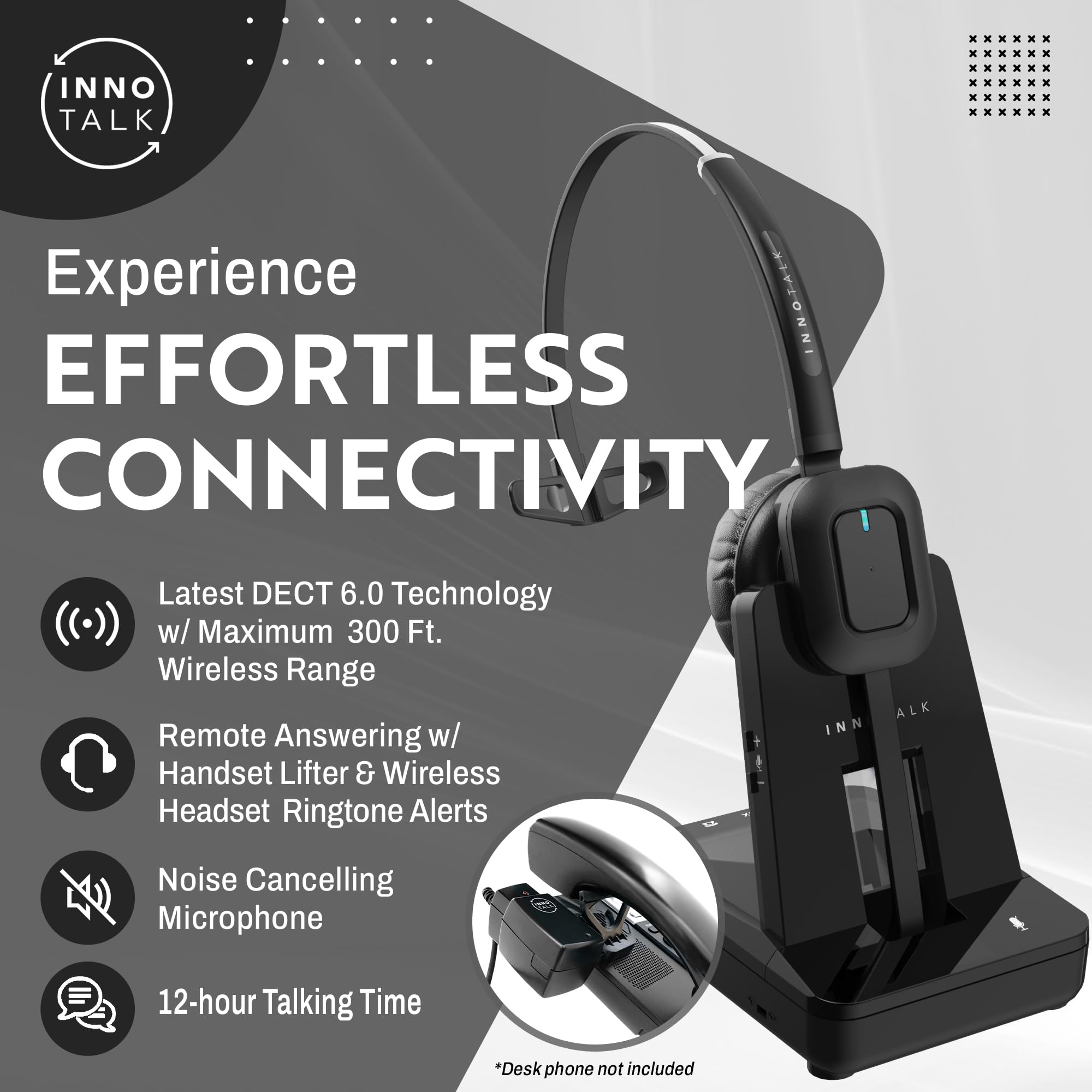 Wireless Headset for Desk Phone with Remote Hook ON and Off Handset Lifter, 300 Feet Mobility 8 Hours Talking (Explorer)