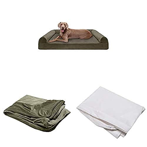 Furhaven Pet Bundle - Jumbo Plus Dark Sage Cooling Gel Memory Foam Faux Fur & Velvet Sofa, Extra Dog Bed Cover, & Water-Resistant Mattress Liner for Dogs & Cats