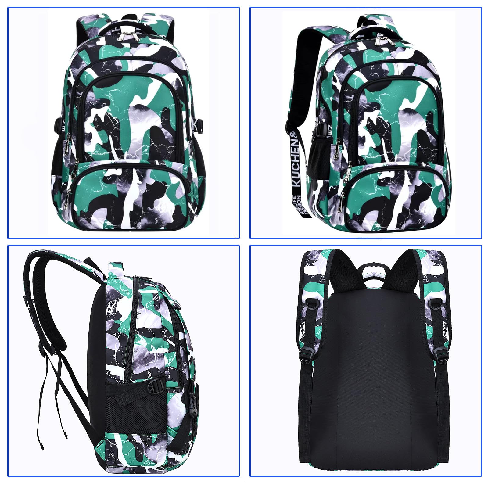 Yvechus Camo Backpack for Kids, Lightweight Camo Backpack Elementary Middle School Backpack Water Repellent Bookbag (Camo Green 2 in 1)