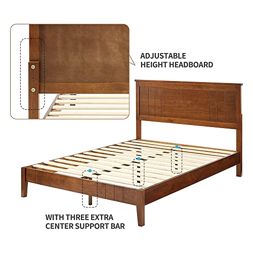 MUSEHOMEINC Mid-Century Modern Solid Wooden Platform Bed with Adjustable Height Headboard for Bedroom,Queen Size Wooden Bed Frame with Headboard,Wood Slat Support & No Box Spring Needed