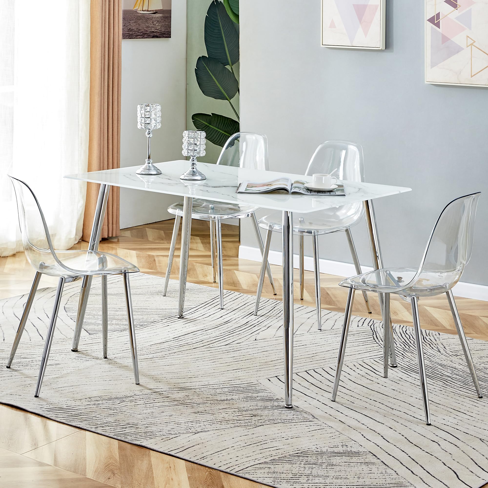 KEVINSPACE Dining Table, 51 Inch Modern Kitchen Table with White Imitation Marble Craft Glass Table Top and Silver Metal Legs, Modern Dining Table for Living Room, Dining Room, Home and Office, White