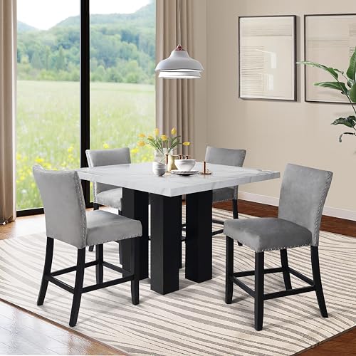 GTU Furniture 5Pc Counter Height Square Dining Table with White Faux Marble Top and 4 Upholstered Grey Chairs Dining Room Set