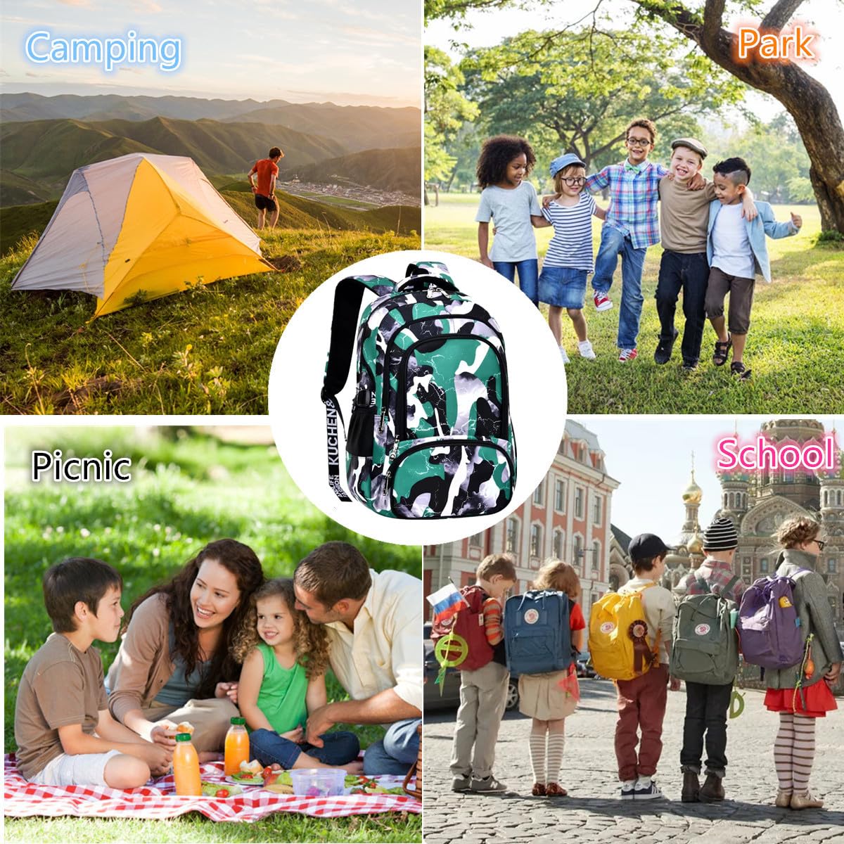 Yvechus Camo Backpack for Kids, Lightweight Camo Backpack Elementary Middle School Backpack Water Repellent Bookbag (Camo Green 2 in 1)