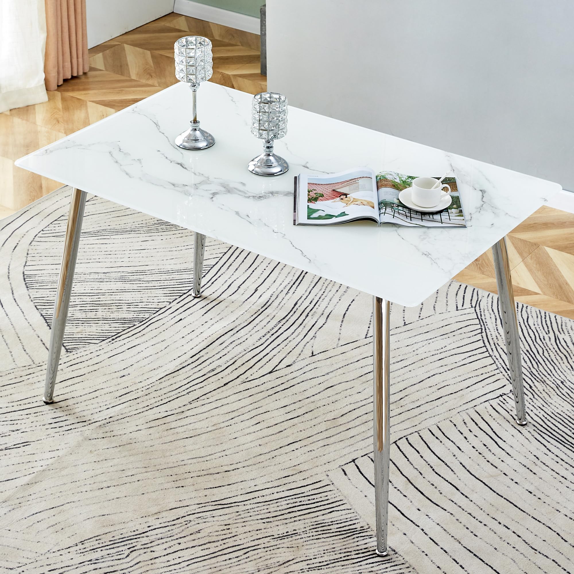 KEVINSPACE Dining Table, 51 Inch Modern Kitchen Table with White Imitation Marble Craft Glass Table Top and Silver Metal Legs, Modern Dining Table for Living Room, Dining Room, Home and Office, White