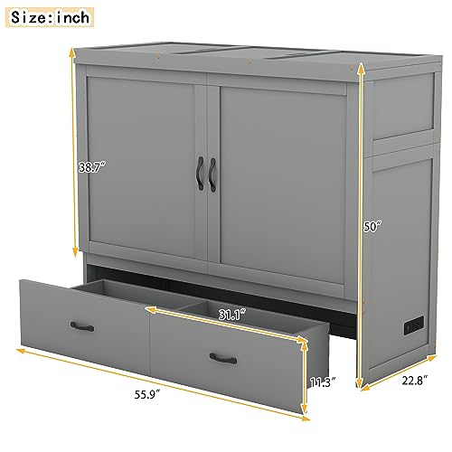 Full Size Murphy Bed with USB Port and Storage Drawers, Wood Full Platform Bed Frame with Charging Station, Full Murphy Bed for Bedroom Murphy Bed Cabinet Murphy Chest Bed (Gray)