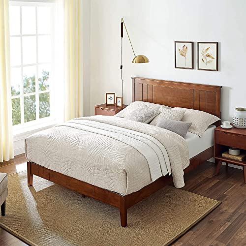 MUSEHOMEINC Mid-Century Modern Solid Wooden Platform Bed with Adjustable Height Headboard for Bedroom,Queen Size Wooden Bed Frame with Headboard,Wood Slat Support & No Box Spring Needed