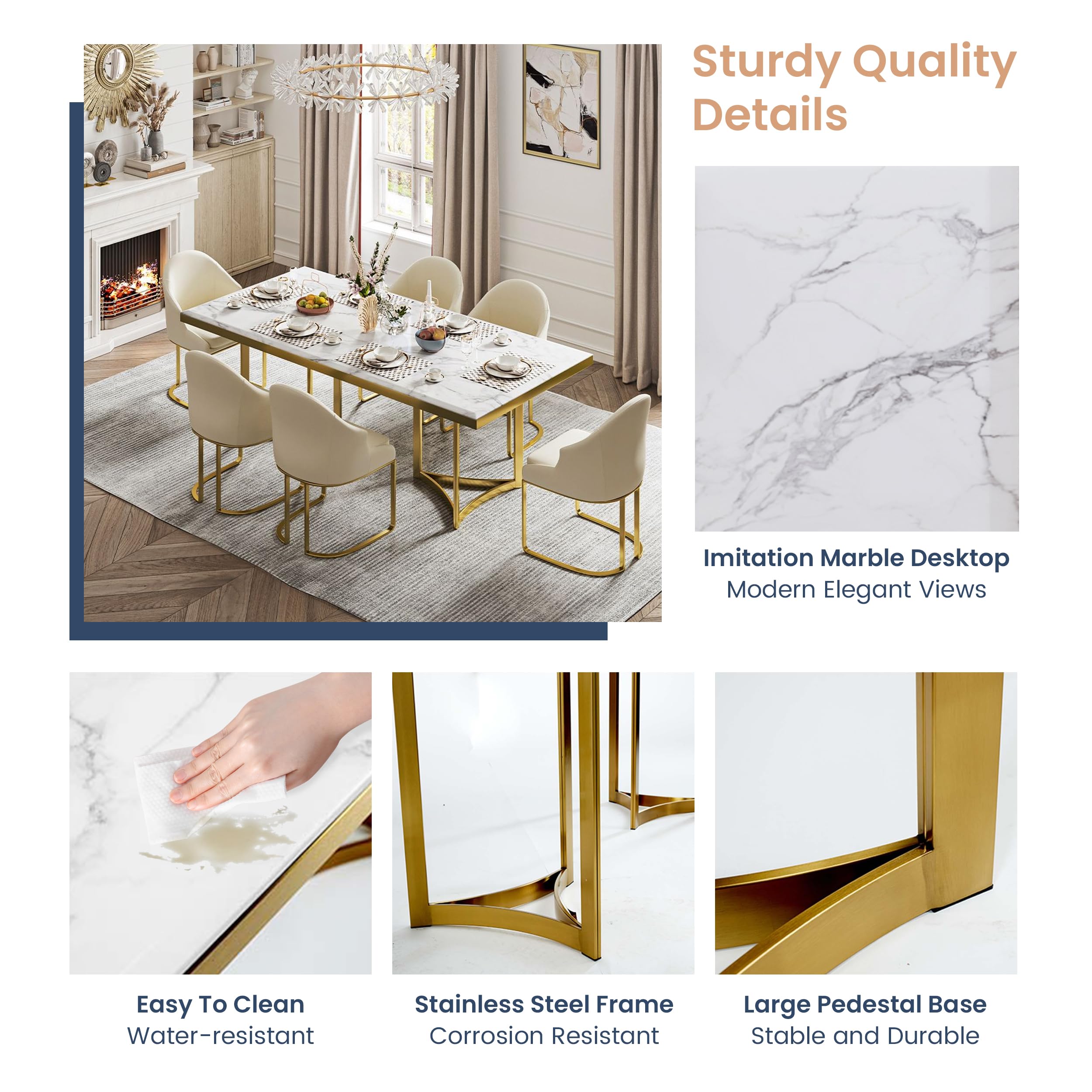 POVISON Marble Dining Table for 6, Modern Dining Room Table 63" for Kitchen & Dining Room, White Marble Table Top with Luxury Gold Trestle Pedestal(Dining Table Only)
