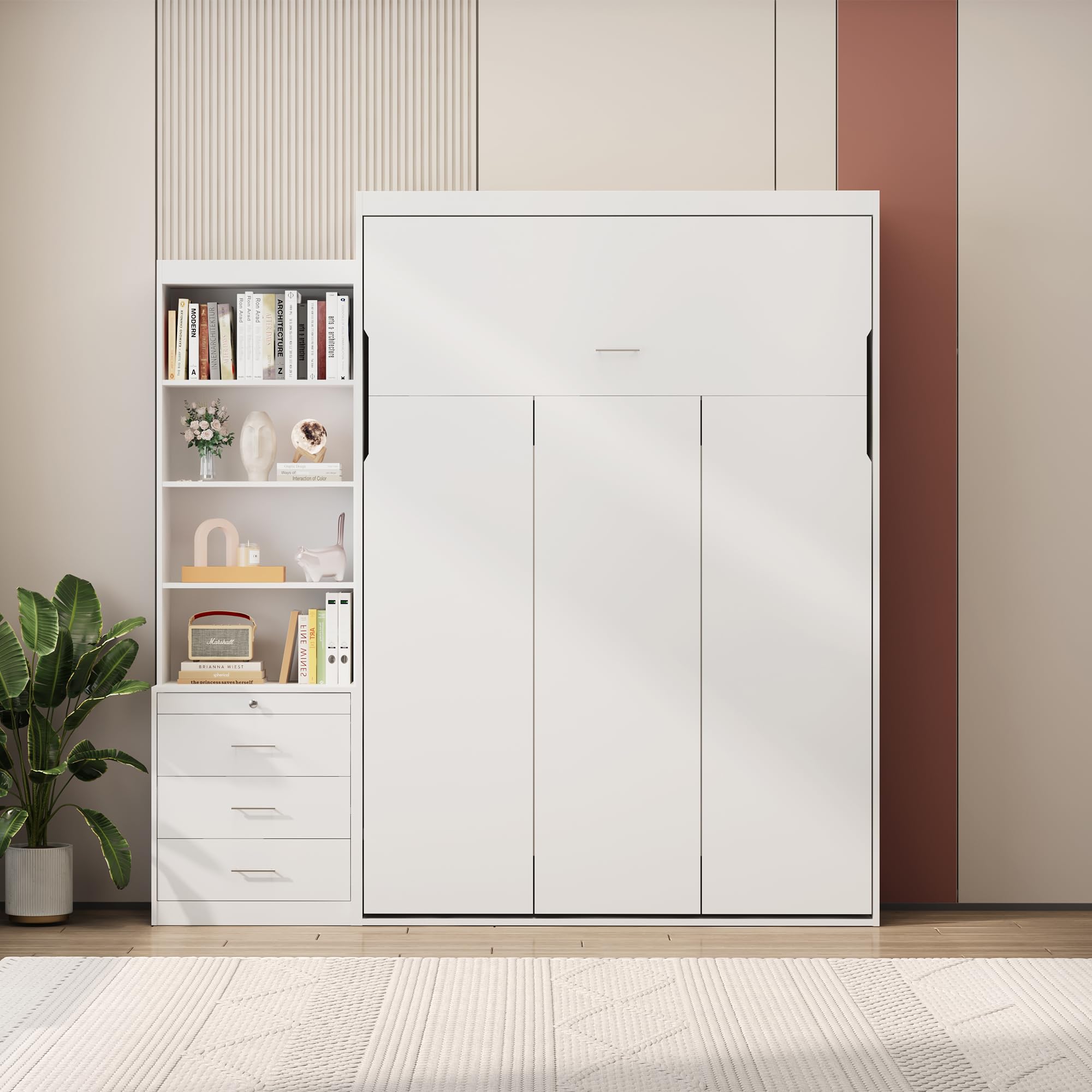 RUNWON Morden Deisgn Full Size Vertical Murphy Bed Wall Bed with Shelf and Drawers for Kids Adults Bedroom,Space Saving Hidden Bed Gas Struts