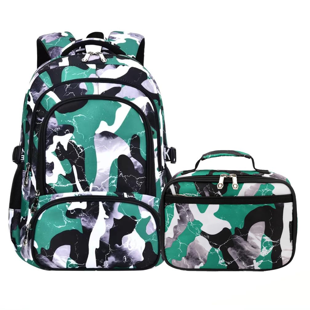 Yvechus Camo Backpack for Kids, Lightweight Camo Backpack Elementary Middle School Backpack Water Repellent Bookbag (Camo Green 2 in 1)