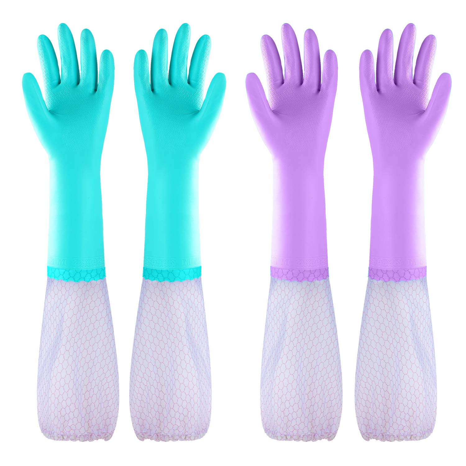 Elgood Reusable Long Sleeve Dishwashing Cleaning Gloves with Latex Free,Cotton Lining,Kitchen Gloves 2 Pairs,Purple+Blue L
