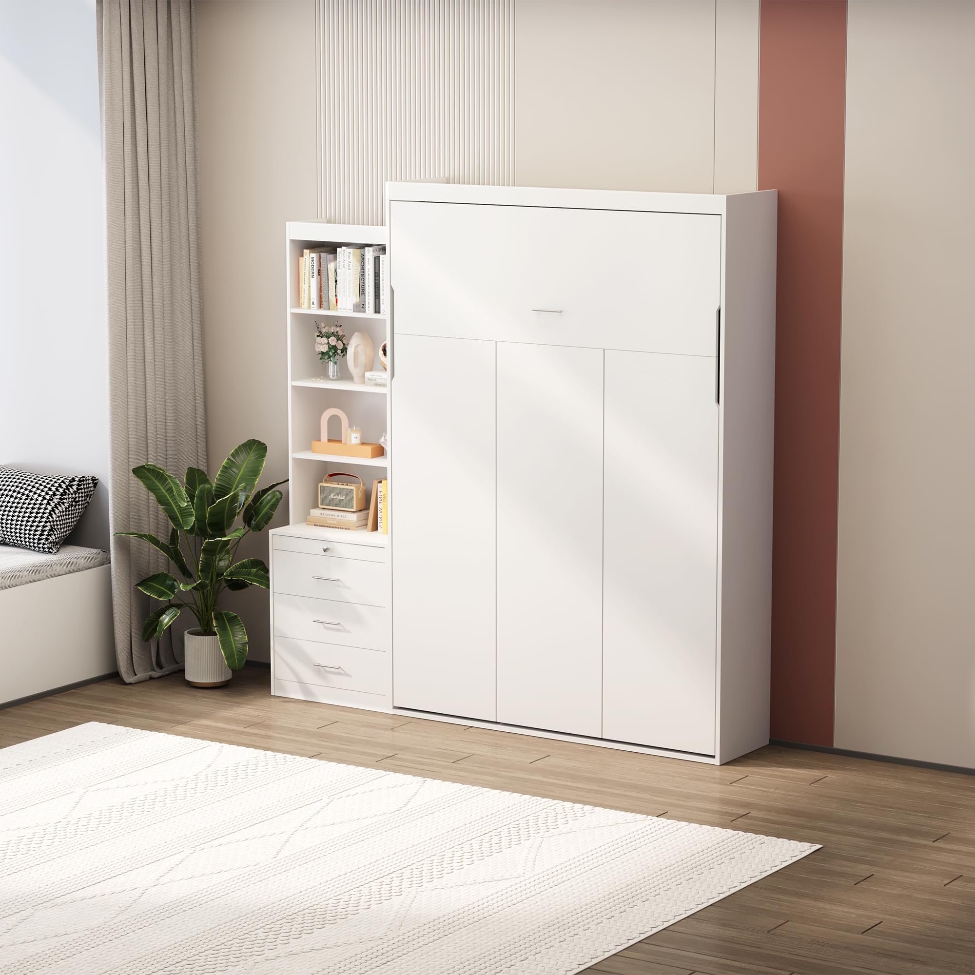 RUNWON Morden Deisgn Full Size Vertical Murphy Bed Wall Bed with Shelf and Drawers for Kids Adults Bedroom,Space Saving Hidden Bed Gas Struts