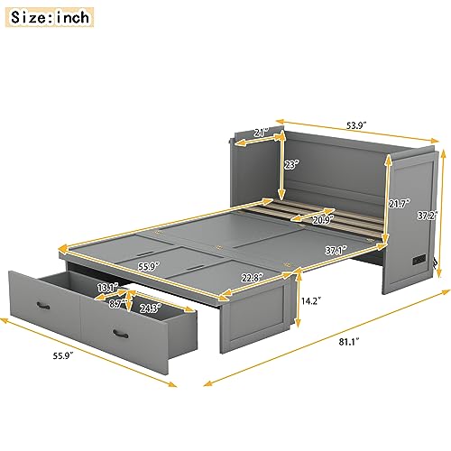 Full Size Murphy Bed with USB Port and Storage Drawers, Wood Full Platform Bed Frame with Charging Station, Full Murphy Bed for Bedroom Murphy Bed Cabinet Murphy Chest Bed (Gray)