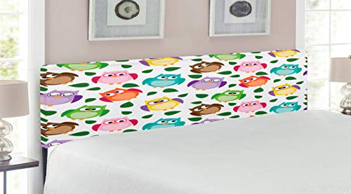 Lunarable Owls Headboard, Owl Pattern with Leaves Sleepy Confused Closed Crossed Eyes Funny Humor Comic, Upholstered Decorative Metal Bed Headboard with Memory Foam, King Size, Multicolor