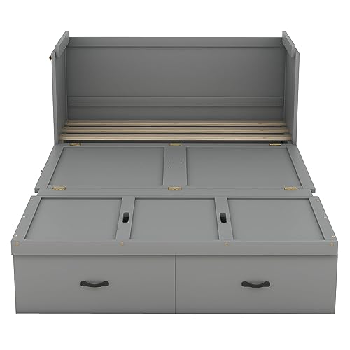 Full Size Murphy Bed with USB Port and Storage Drawers, Wood Full Platform Bed Frame with Charging Station, Full Murphy Bed for Bedroom Murphy Bed Cabinet Murphy Chest Bed (Gray)