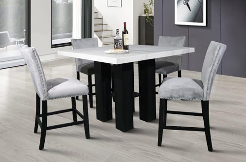 GTU Furniture 5Pc Counter Height Square Dining Table with White Faux Marble Top and 4 Upholstered Grey Chairs Dining Room Set