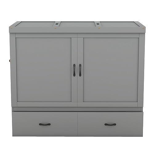 Full Size Murphy Bed with USB Port and Storage Drawers, Wood Full Platform Bed Frame with Charging Station, Full Murphy Bed for Bedroom Murphy Bed Cabinet Murphy Chest Bed (Gray)