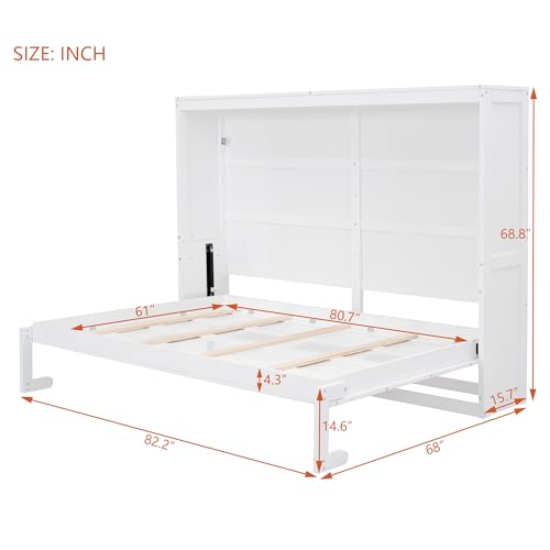 HBRR Murphy Cabinet Bed with A Storage Shelf, Wood Foldable Wall BedFrame for Guest Room Home Office, Space-Saving, No Box Spring Needed, White, Queen (U.S. Standard)