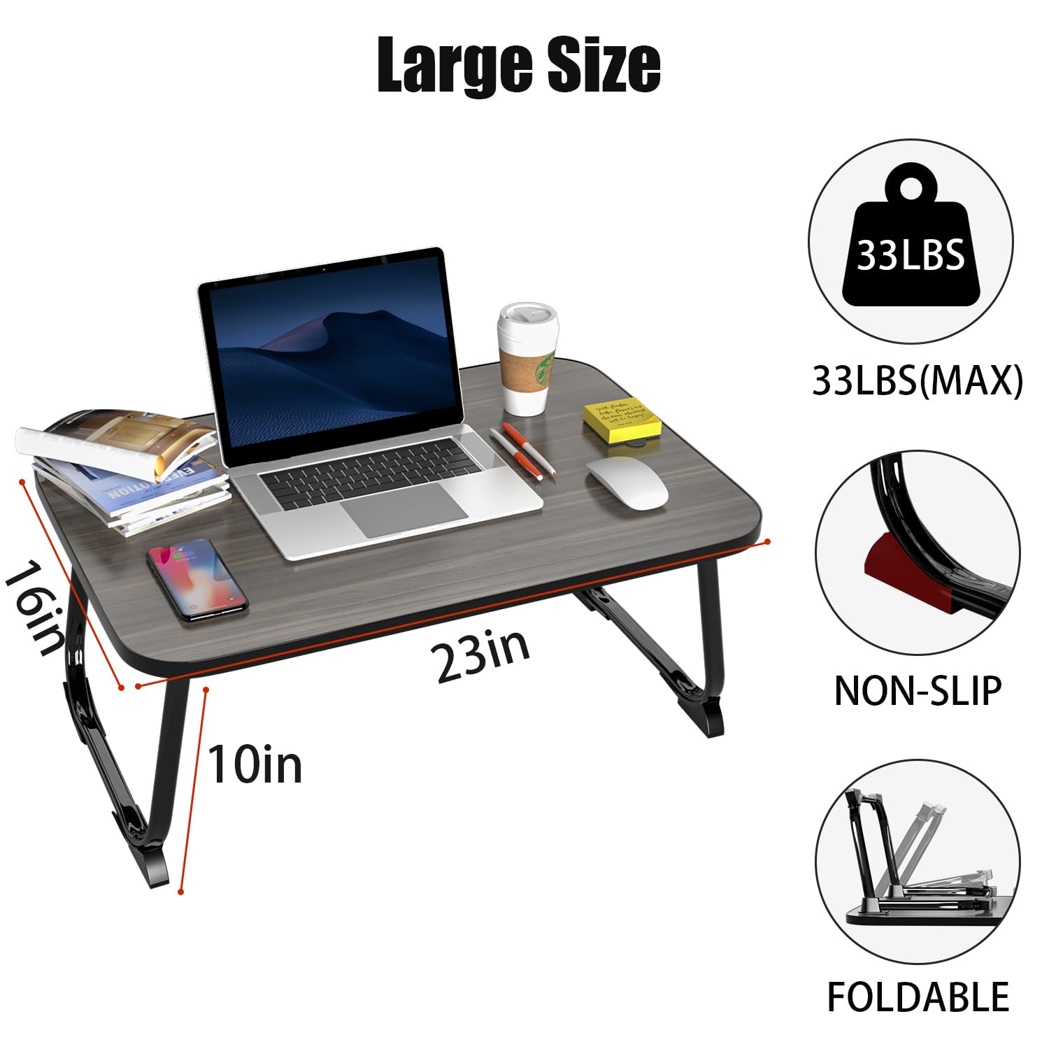 MIIRR Foldable Lap Desks for Laptop, 23.6 inch Laptop Tray Table, Portable Bed Tray Table, Laptop Desk for Working, Writing and Eating (Black)