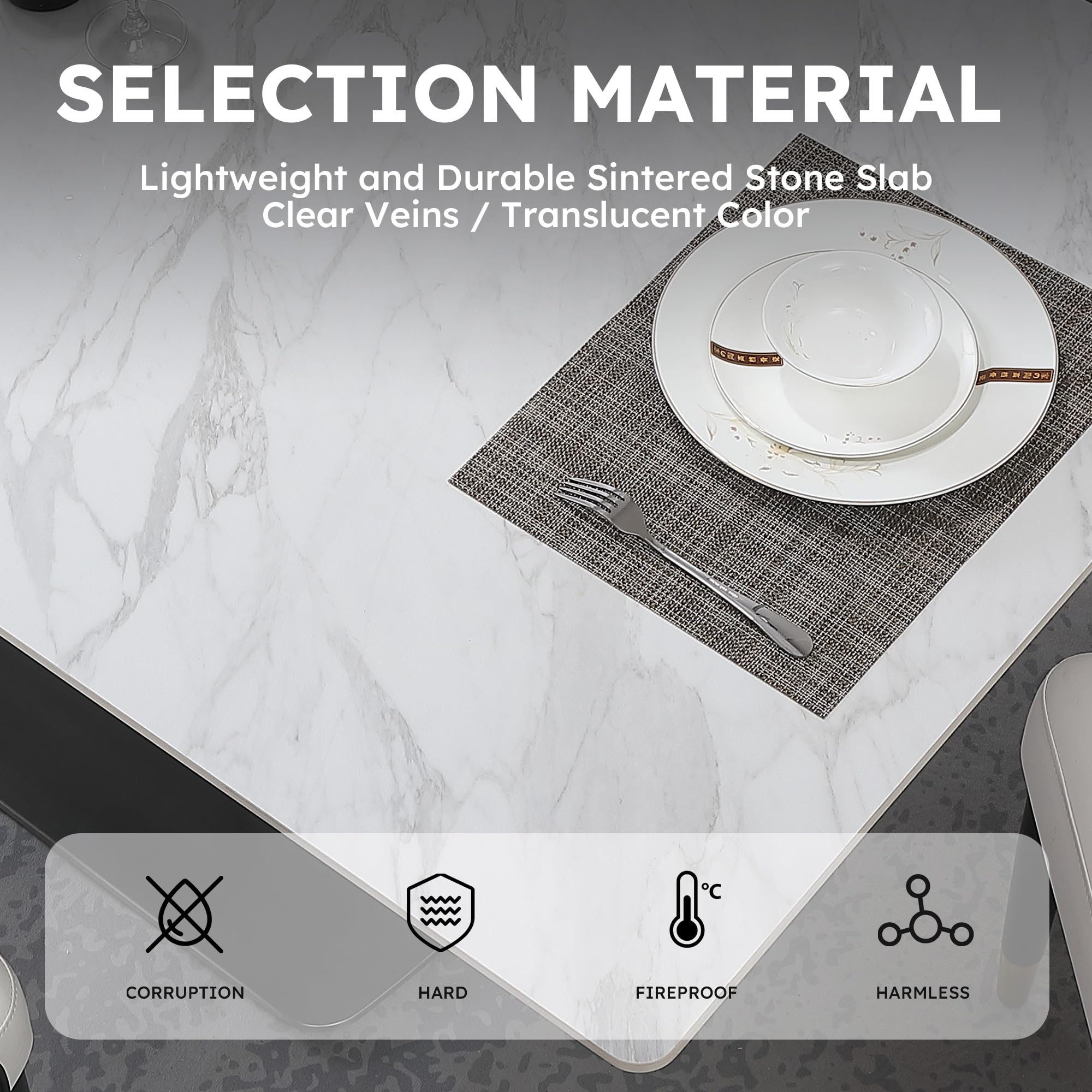 Montary 71” Artificial Marble Dining Table for 6-8 Seat, Modern Rectangle Dining Room Table with Gold Shaped Circle Stainless Steel Base, Sintered Stone Dining Table (Only Table)
