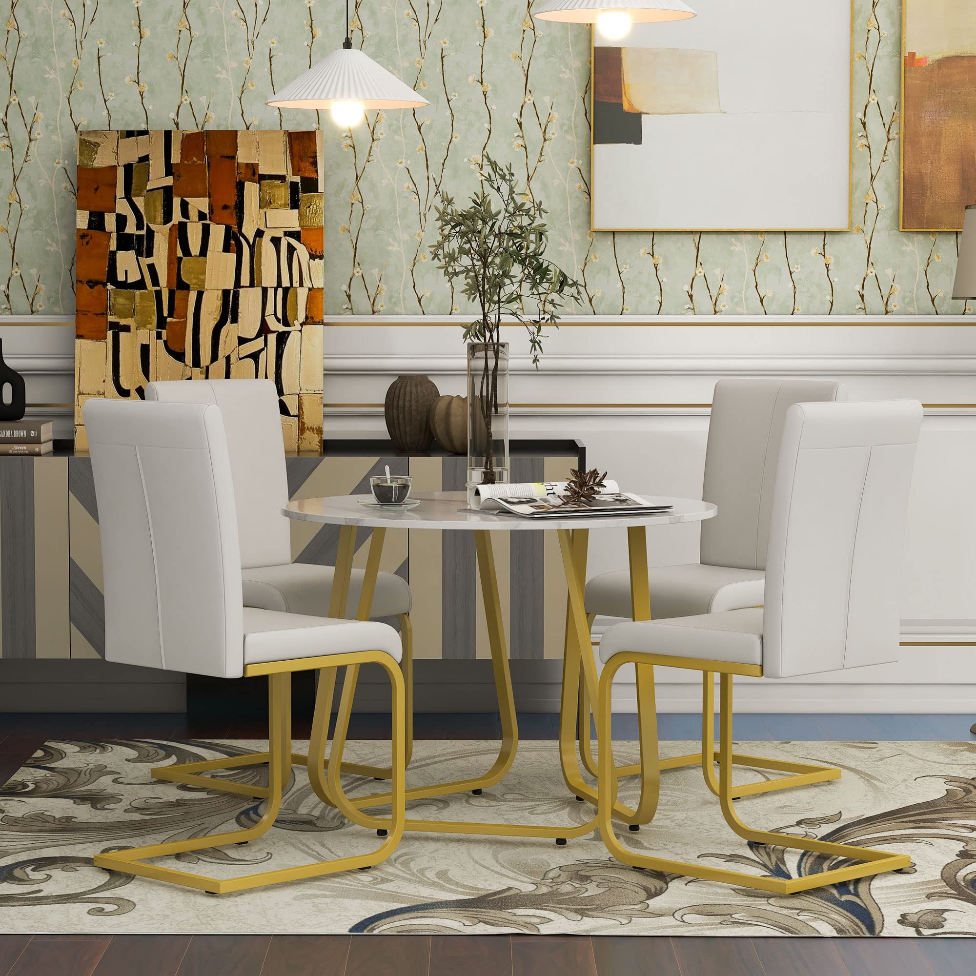 Tiophome 5-Piece Round Set, Faux Marble Table and Four Chairs with Metal Legs for Dining, Kitchen and Living Room (White)