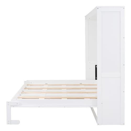 HBRR Murphy Cabinet Bed with A Storage Shelf, Wood Foldable Wall BedFrame for Guest Room Home Office, Space-Saving, No Box Spring Needed, White, Queen (U.S. Standard)