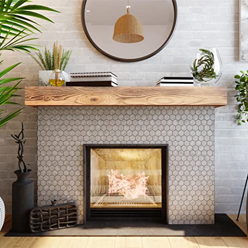 BODRUM WOODEN Beam Wood Shou Sugi Ban Fireplace Shelf Mantelpiece Shelving Water-Based Paint Floating Cottage Solid Easy Install Real Tree Handmade (Rustic Burn, 72'')