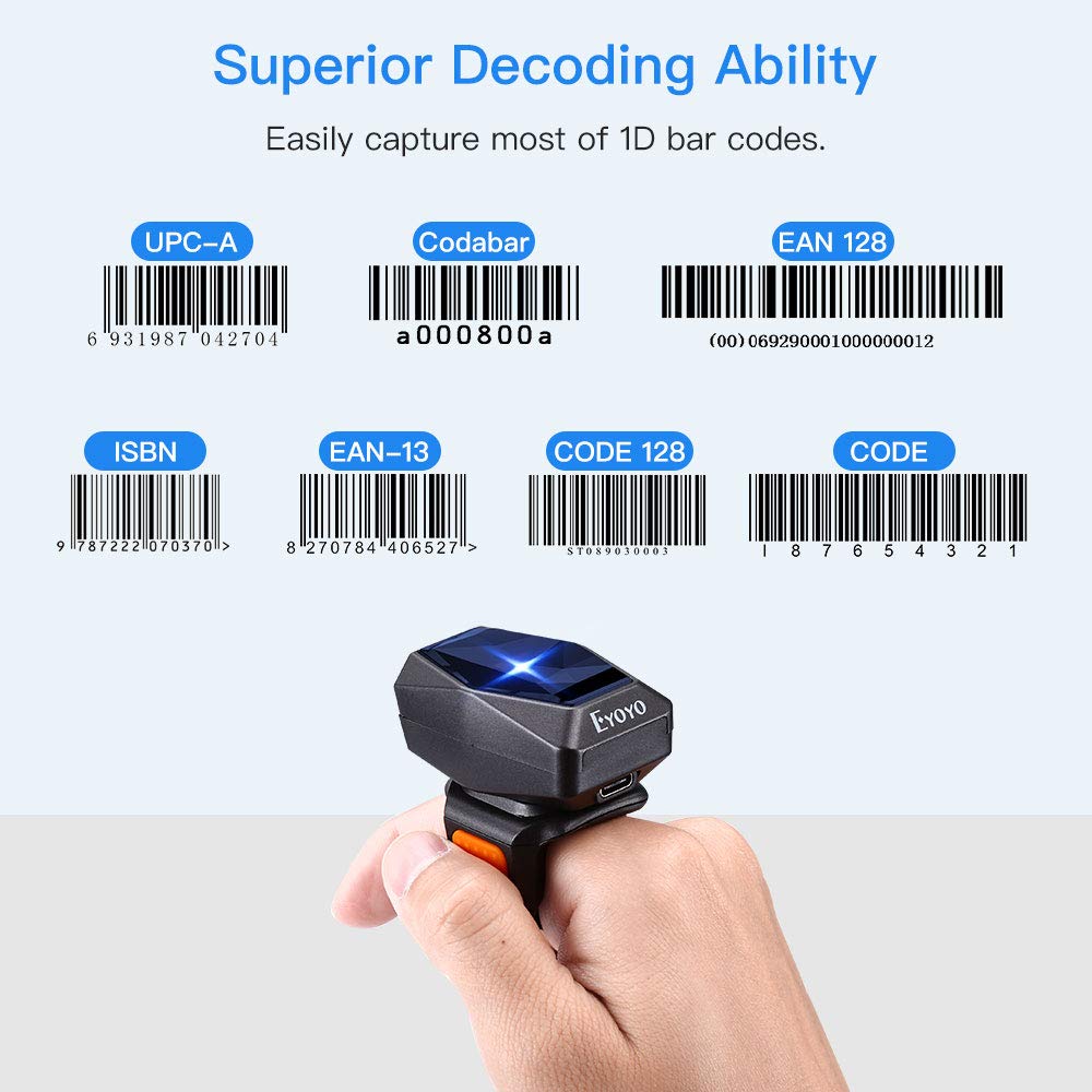 Eyoyo 1D Bluetooth Wearable Ring Barcode Scanner, Portable Mini Finger Bar Code Reader with 2.4GHz Wireless & USB Wired Connection for iPhone iPad Android iOS, for Book, Warehouse Inventory, Express