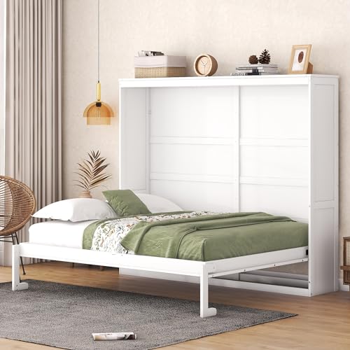 HBRR Murphy Cabinet Bed with A Storage Shelf, Wood Foldable Wall BedFrame for Guest Room Home Office, Space-Saving, No Box Spring Needed, White, Queen (U.S. Standard)