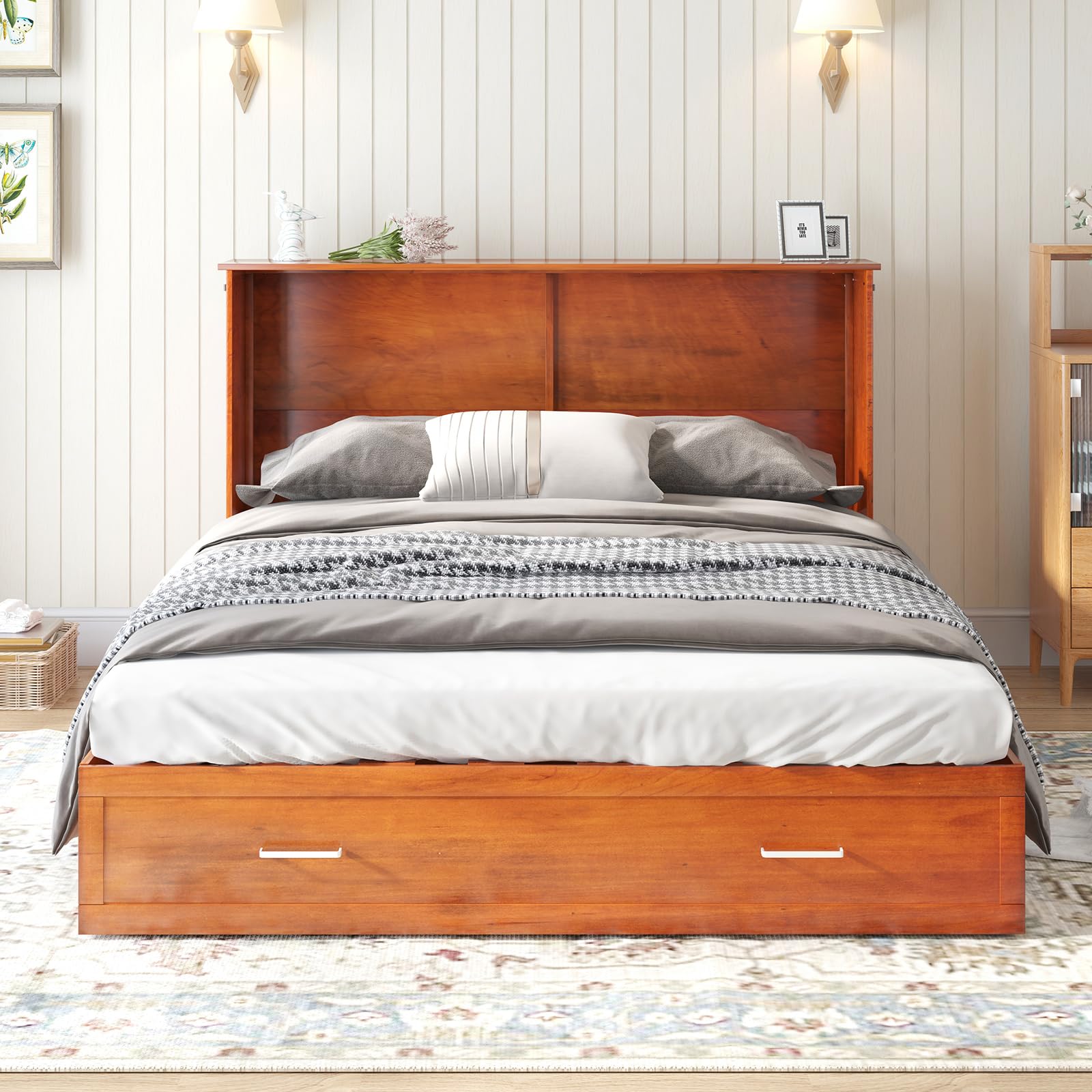 ijuicy Cabinet Murphy Beds with Built-in Charging Station, Solid Wood Cabinet Chest Bed with Folding Mattress, Murphy Cube Chest Bed with Large Drawer for Guest Room, Office-Queen, Cherry