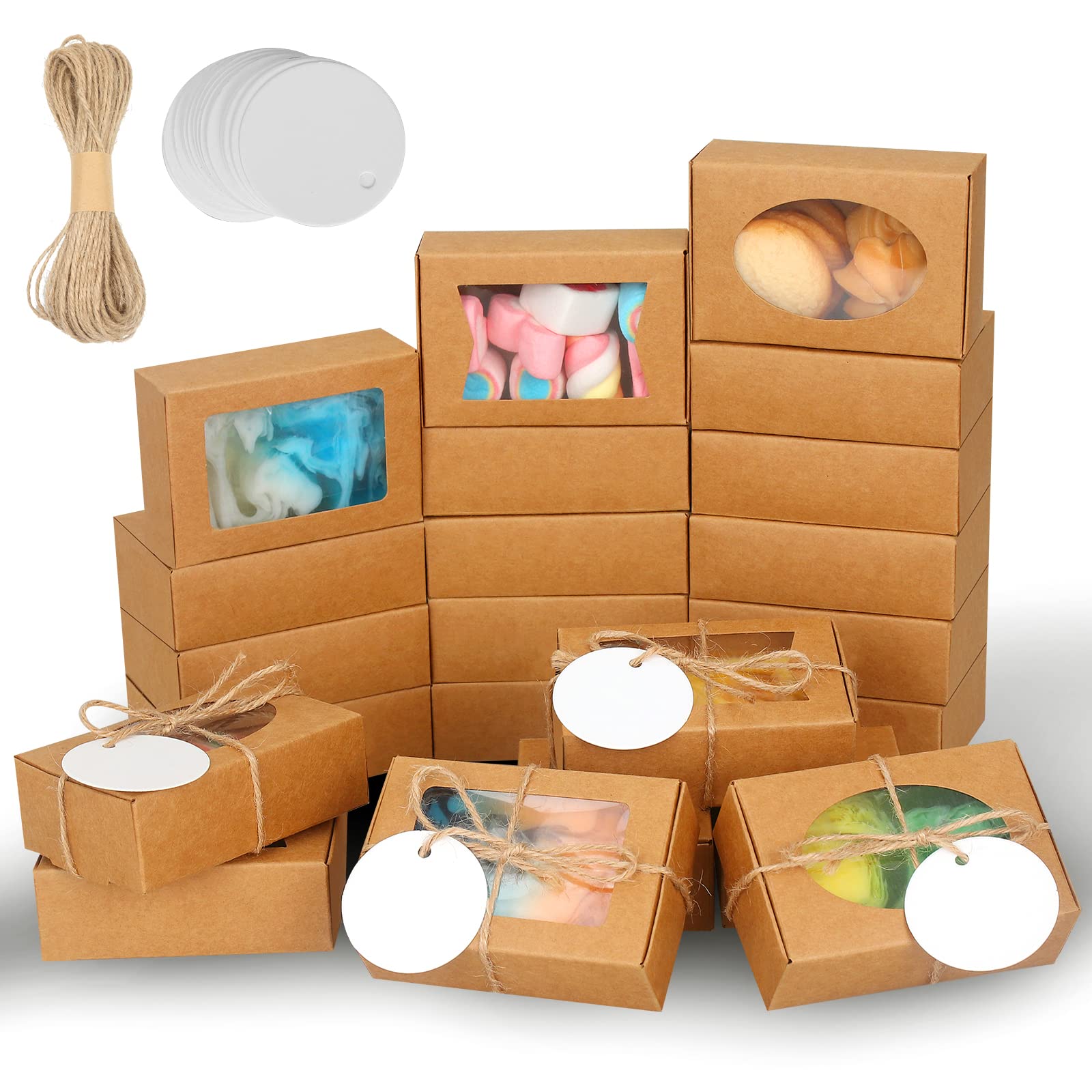 Soap Box, COTOPHER 30Pcs Small Soap Packaging Boxes 3.5x2.35x1.2 Inch Mini Kraft Boxes with Window Soap Boxes for Homemade Soap Candy Chocolate Bakery Cookies Soap Packaging