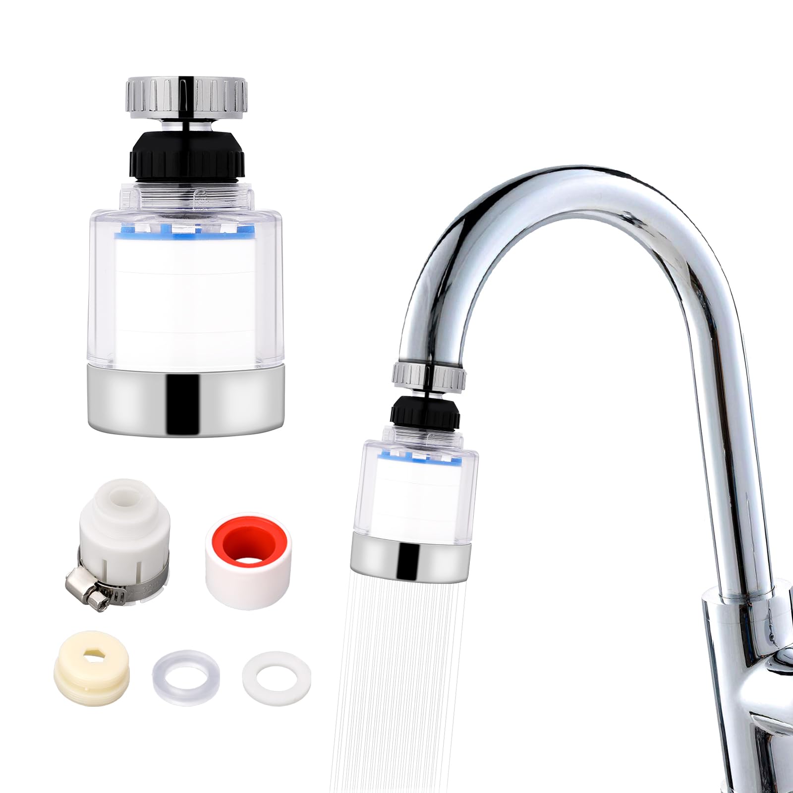 KALIONE 360 Rotating Faucet Water Filter, Removes Heavy Metals and Hard Water, Made of ABS and Stainless Steel, Easy to Install