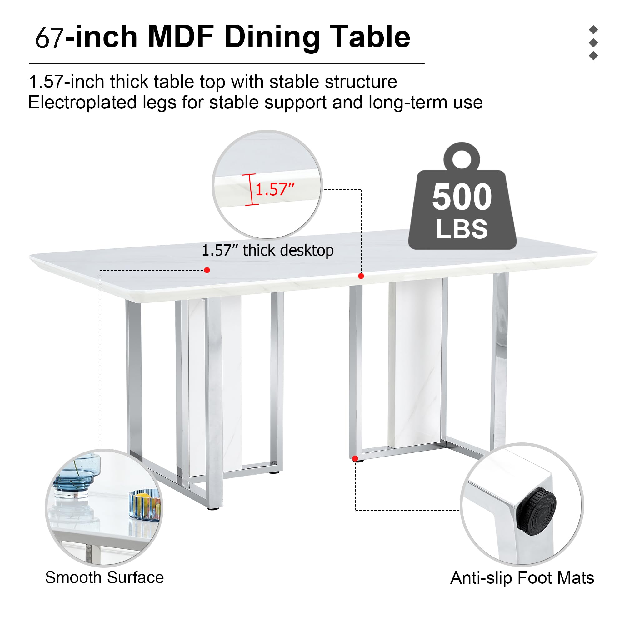 67" Dining Table,White Gloss Kitchen Table,1.57" Thick MDF Board Table Top Coated by Faux Marble Pattern with Chrome Plate Metal Base,Modern Dining Table for 6-8 People