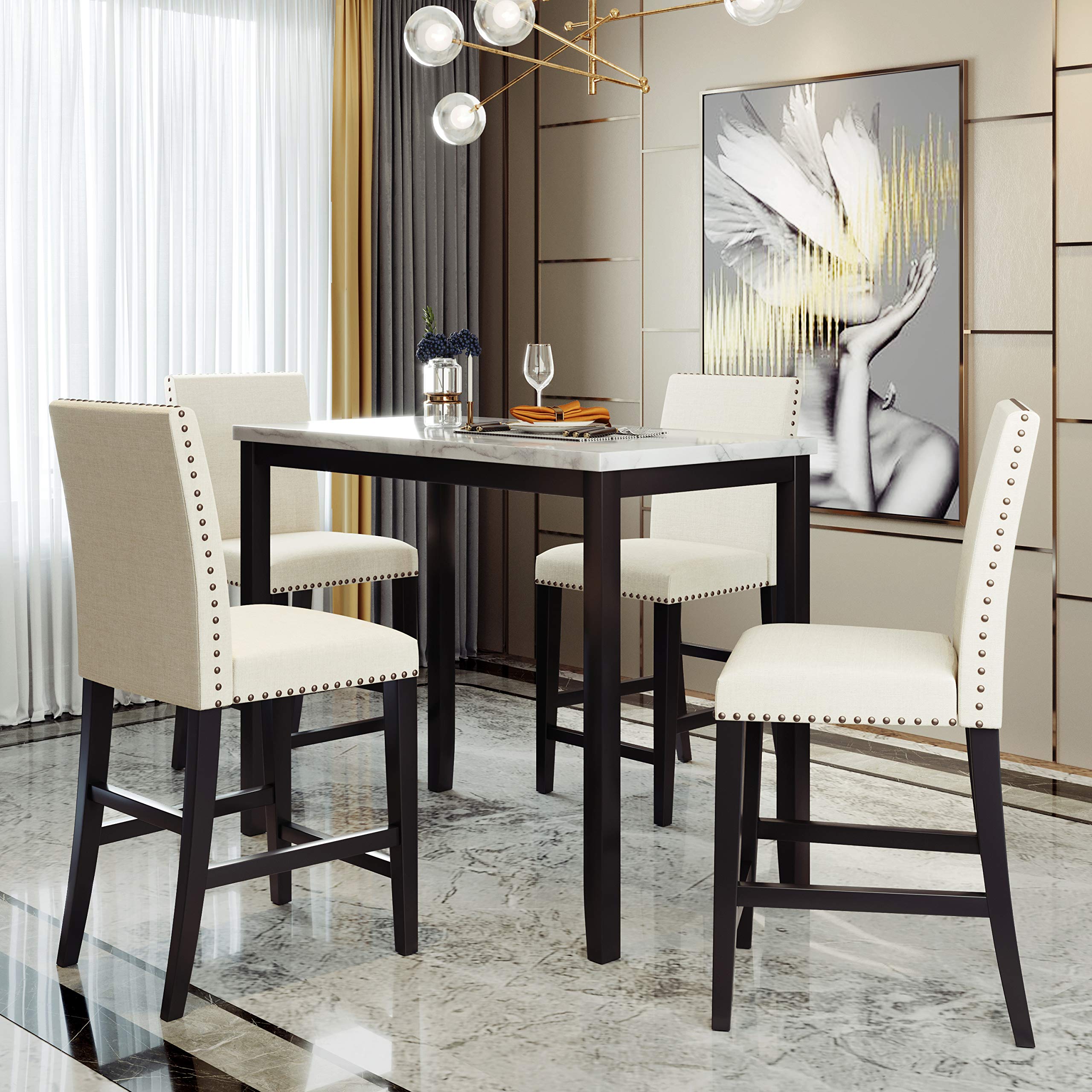 RUNWON 4 5-Piece Modern Counter Height Kitchen Dining Table Set with Matching Chairs and Marble Veneer for Home Living Room, Beige