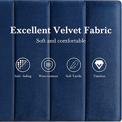 HOOMIC Queen Size Platform Bed Frame with Velvet Upholstered Plush Vertical Channel Headboard, No Box Spring Needed, Easy Assembly,Navy Blue