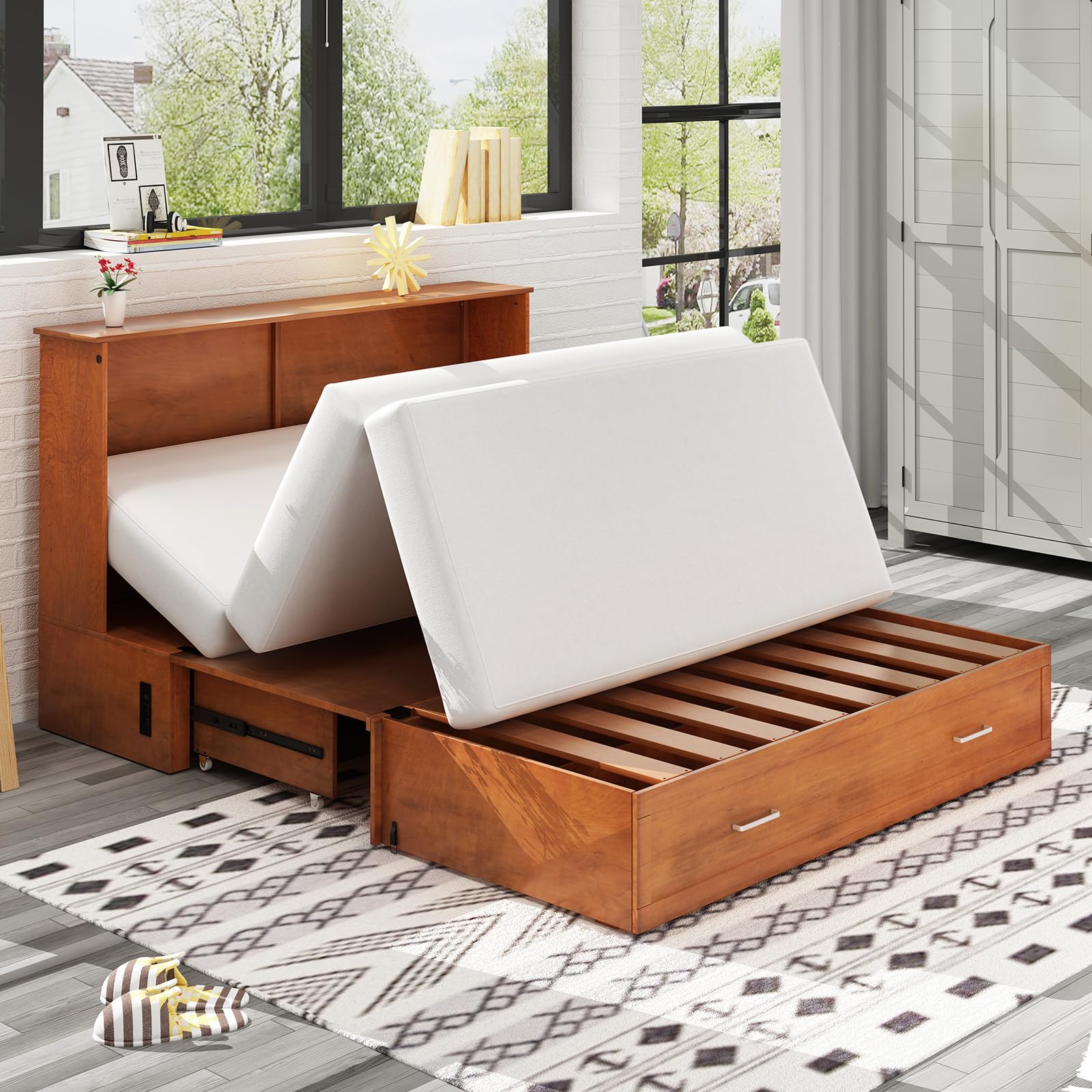 ijuicy Cabinet Murphy Beds with Built-in Charging Station, Solid Wood Cabinet Chest Bed with Folding Mattress, Murphy Cube Chest Bed with Large Drawer for Guest Room, Office-Queen, Cherry