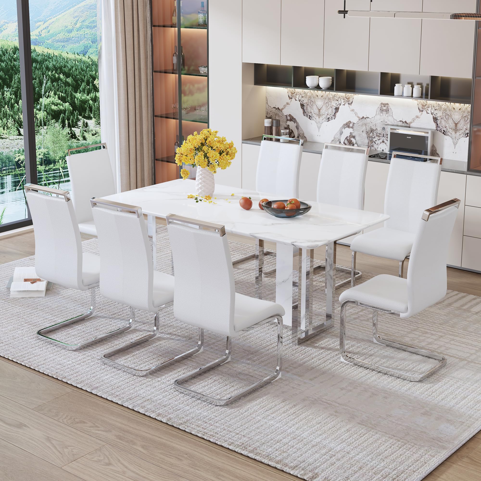 67" Dining Table,White Gloss Kitchen Table,1.57" Thick MDF Board Table Top Coated by Faux Marble Pattern with Chrome Plate Metal Base,Modern Dining Table for 6-8 People
