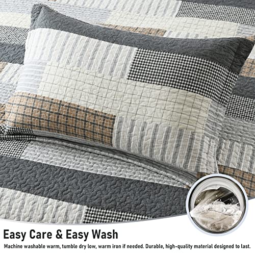 Finlonte Quilt Queen Size 100% Cotton Queen Size Quilts Grey Black Brown Bedspreads Plaid Quilts Lightweight Soft Breathable Bedding Sets for All Season, 3 Piece