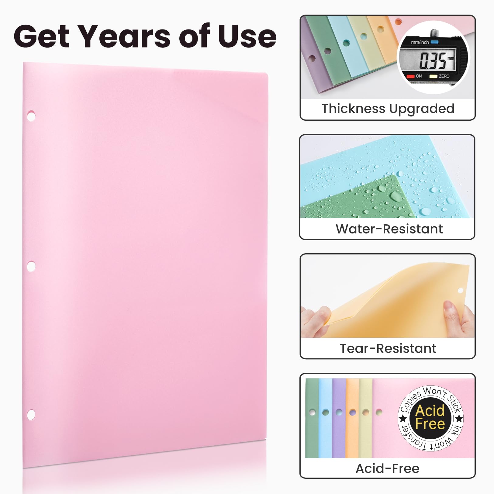 Sooez Plastic Pocket Folders with Reference Guide, 5 Pack Heavy Duty Folders with Pockets, 4 Pocket Folders with Pockets 3 Hole Punched, Stores Well in 3-Ring Binders, 5 Primary Colors
