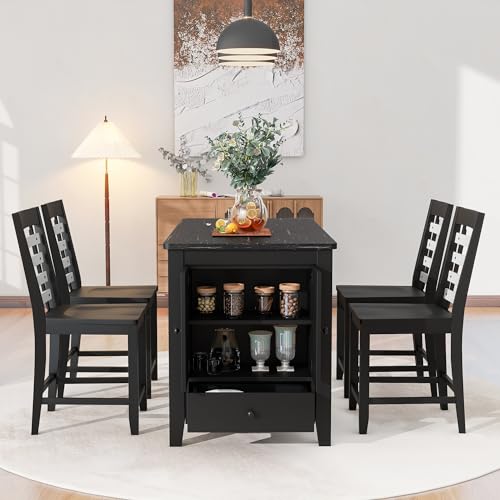 Aiuyesuo Rustic 5-Piece Dining Table Set with Faux Marble Tabletop, Rectangle Dining Table with Storage Cabinet and Drawer, Solid Wood Counter Height Table Set for Dining Room Kitchen (Black-SGH05)