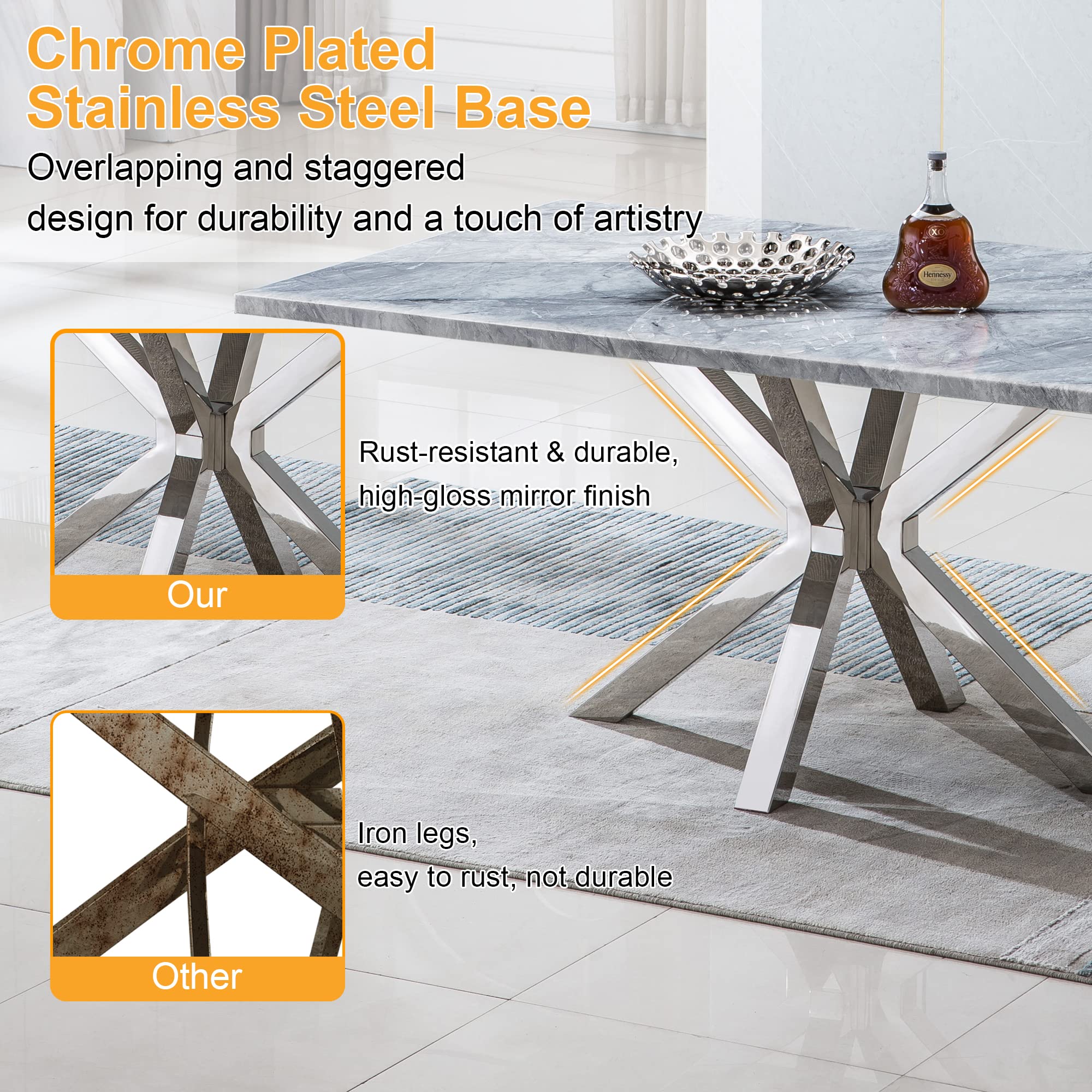 Pvillez Grey Marble Dining Table for 8-10 Person, 78" Rectangle Marble Top Dining Table with Gloss Silver Stainless Steel Pedestal Base, Mid Century Modern Dining Table for Kitchen Dining Room Dinner