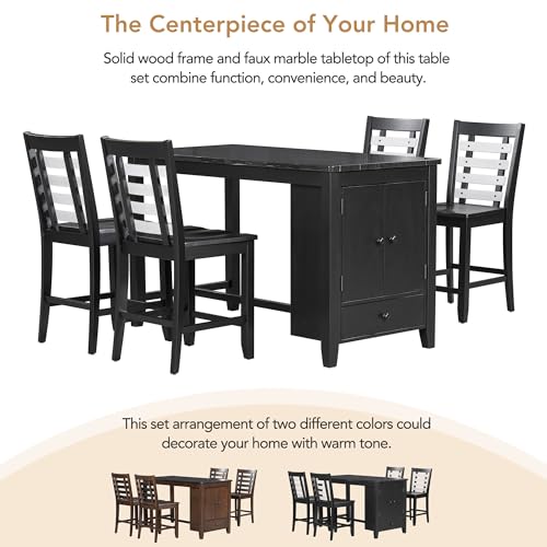 Aiuyesuo Rustic 5-Piece Dining Table Set with Faux Marble Tabletop, Rectangle Dining Table with Storage Cabinet and Drawer, Solid Wood Counter Height Table Set for Dining Room Kitchen (Black-SGH05)