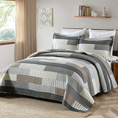 Finlonte Quilt Queen Size 100% Cotton Queen Size Quilts Grey Black Brown Bedspreads Plaid Quilts Lightweight Soft Breathable Bedding Sets for All Season, 3 Piece