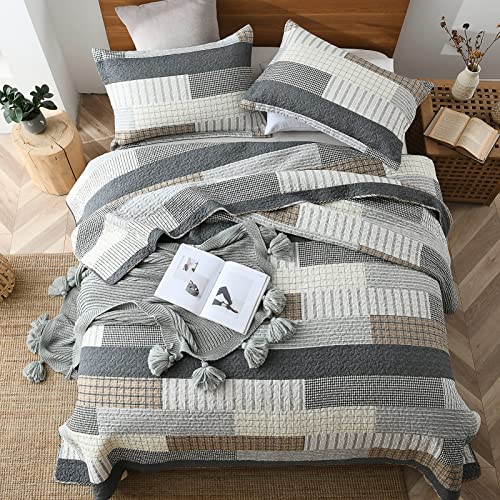 Finlonte Quilt Queen Size 100% Cotton Queen Size Quilts Grey Black Brown Bedspreads Plaid Quilts Lightweight Soft Breathable Bedding Sets for All Season, 3 Piece